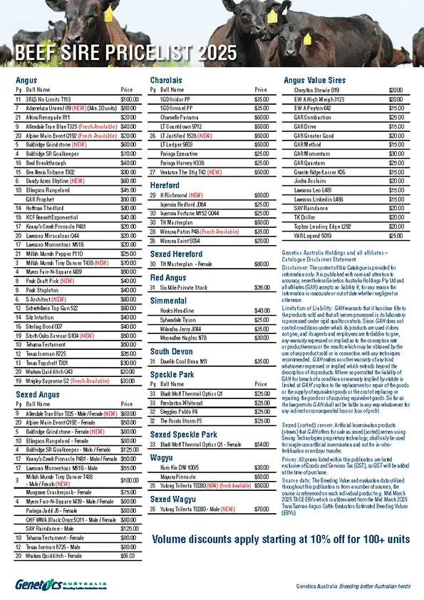 Beef Sire Pricelist 2025 - Genetics Australia